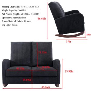 Dolonm Modern Nursery Rocking Chair Upholstered Double Wide Rocker Armchair Relax Sofa Loveseat High Backrest Accent Glider Rocker for Living Room, Bedroom, (Black-Solid)