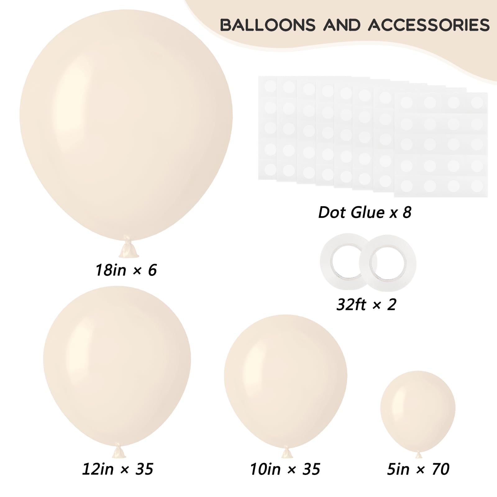 RUBFAC Sand White Balloons, 146pcs Different Sizes Pack of 18 12 10 5 Inch for Beige Balloon Garland Arch as Graduation Wedding Birthday Baby Shower Anniversary Party Decorations