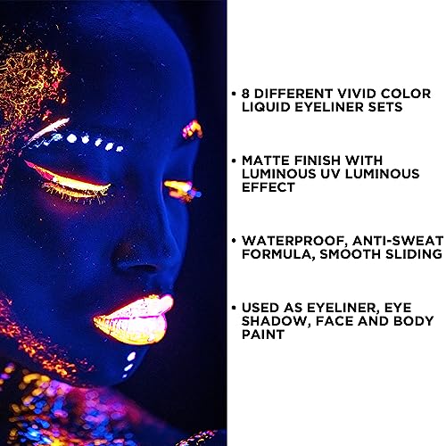 ANYI 8 Colors UV Glow Neon Eyeliner Set, Matte Colorful Eyeliner Pen, Neon Makeup Face Paint, Rainbow Graphic Eyeliner UV Glow in the Dark for Halloween Costume Holiday Birthday Masquerades