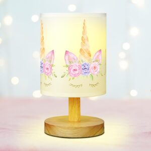 vihose kids bedside table lamp for bedroom kids nightstand lamp with linen fabric cartoon lampshade modern boho desk woodland lamp for teenager nursery bedroom(unicorn)