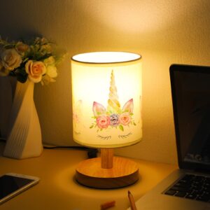 VIHOSE Kids Bedside Table Lamp for Bedroom Kids Nightstand Lamp with Linen Fabric Cartoon Lampshade Modern Boho Desk Woodland Lamp for Teenager Nursery Bedroom(Unicorn)