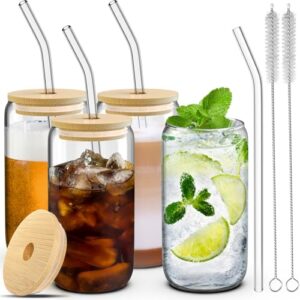 4 set glass cups with lids and straws 16 oz, glasses drinking set, iced coffee cup with bamboo lids, drinking glasses tumbler with straw and lid, glass can coffee cups, drinking glassware, 2 brushes