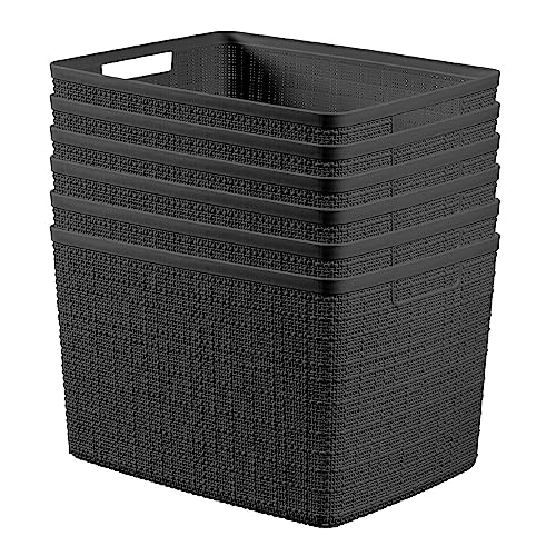 Curver Jute Large Decorative Plastic Organization and Storage Baskets, Perfect Bins for Home Office, Closet Shelves, Kitchen Pantry and All Bedroom Essentials, Pack of 4, Black