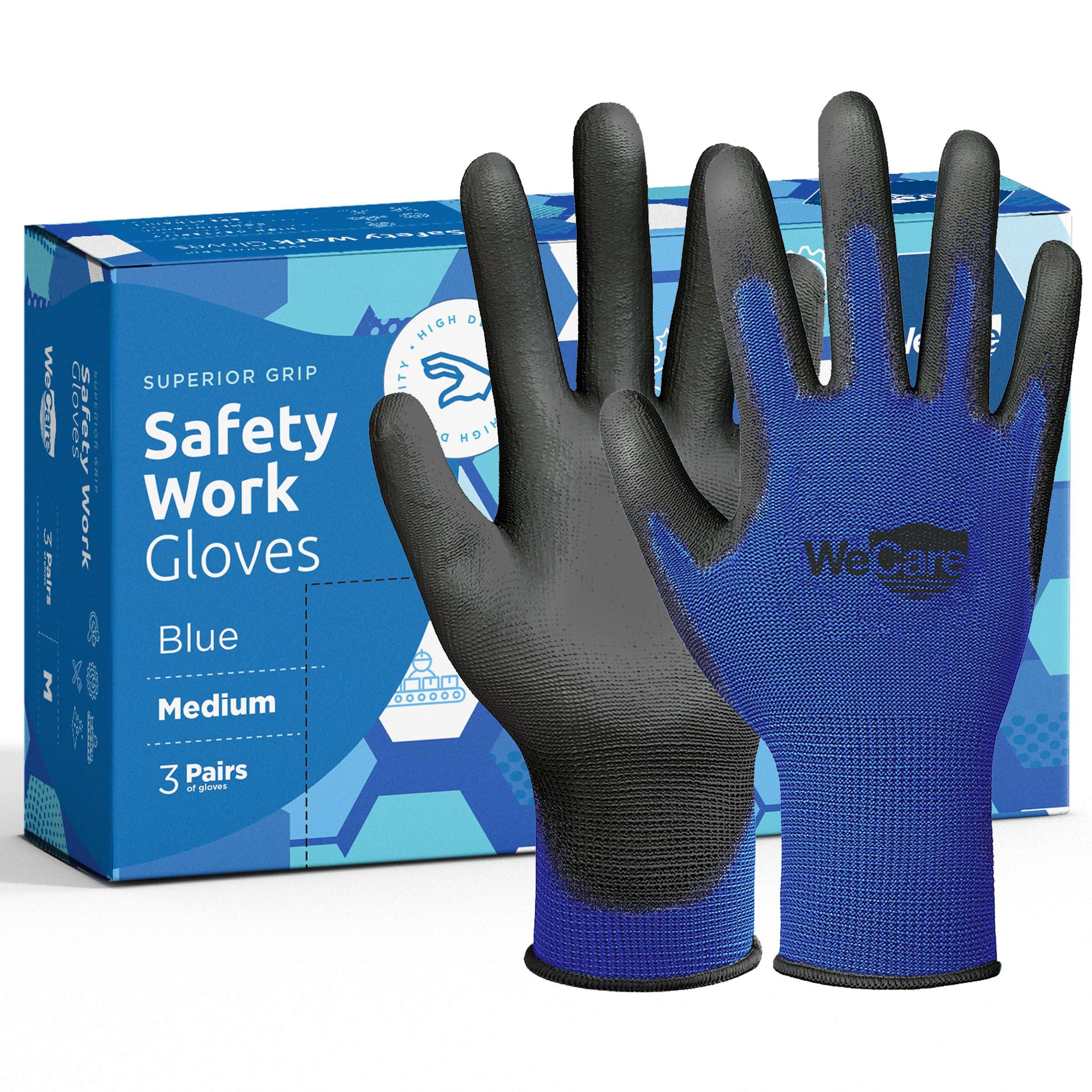 Blue Medium Working Gloves with PU Coating - 3 Pairs of Safety Work Gloves - Good for Construction, Roofing, Landscaping, Warehouse, Carpenter, Electric Work