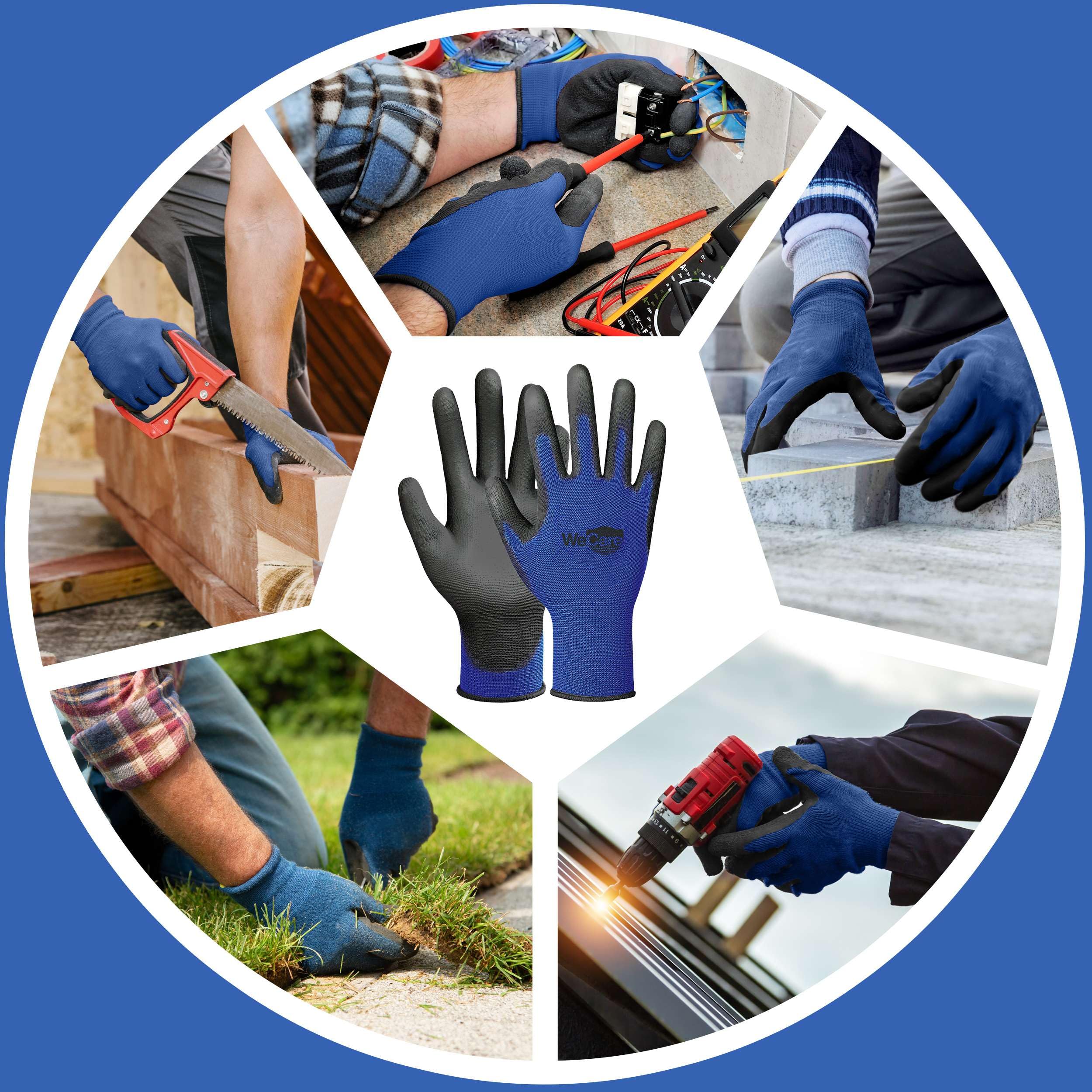 Blue Medium Working Gloves with PU Coating - 3 Pairs of Safety Work Gloves - Good for Construction, Roofing, Landscaping, Warehouse, Carpenter, Electric Work