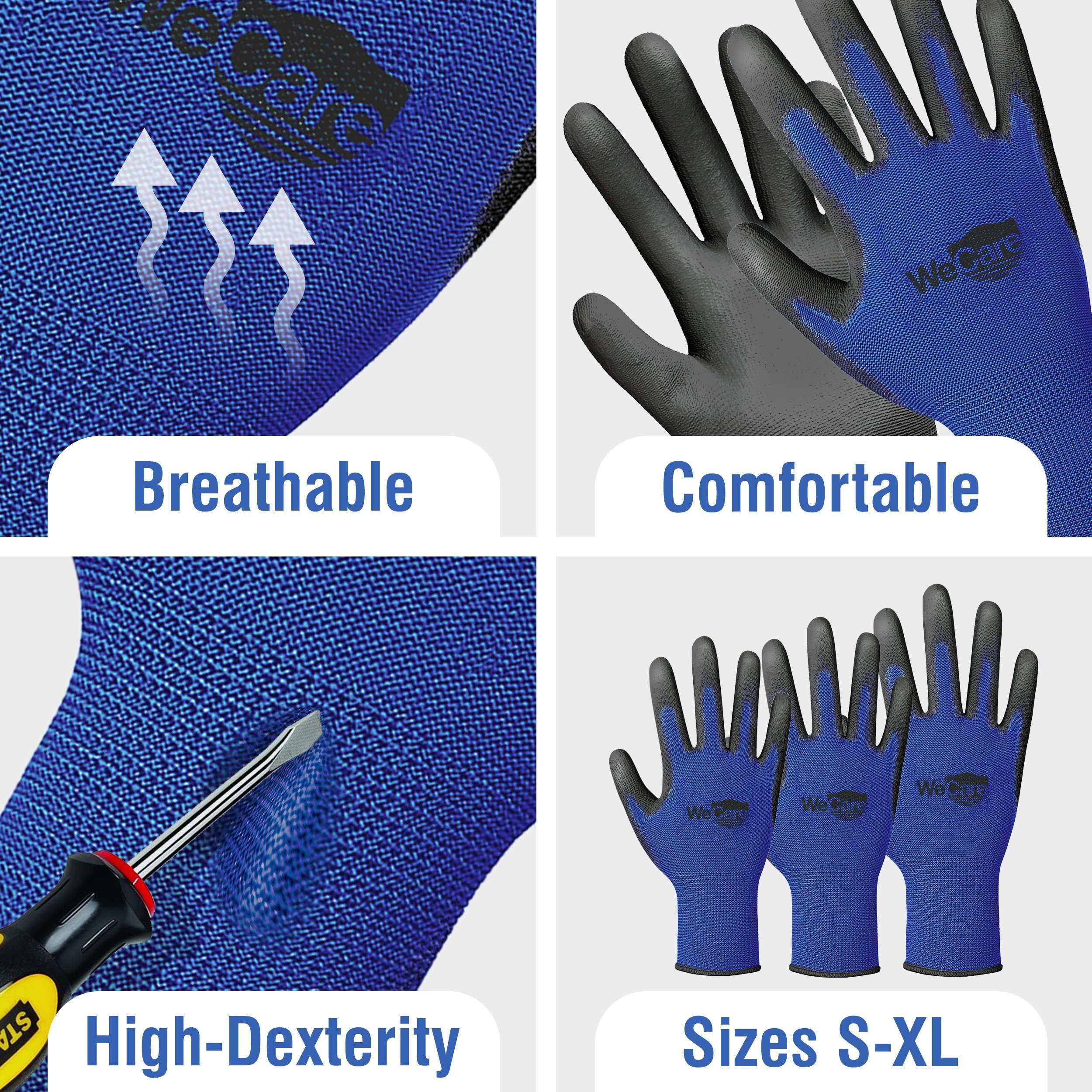 Blue Medium Working Gloves with PU Coating - 3 Pairs of Safety Work Gloves - Good for Construction, Roofing, Landscaping, Warehouse, Carpenter, Electric Work