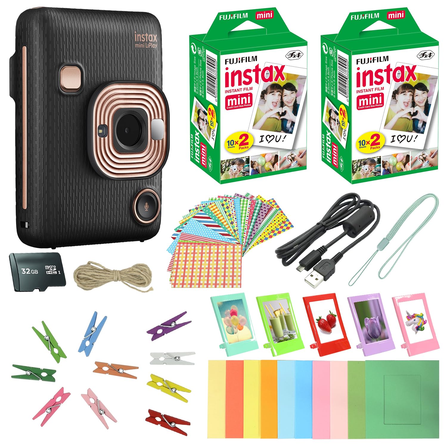 Fujifilm Instax Mini LiPlay Hybrid Instant Camera Elegant Black + Fuji Instax Film Value Pack (40 Sheets) 32GB Accessories Bundle 5 Plastic Desk Frames + 10 Paper Frames Plus 60 Sticker Frames