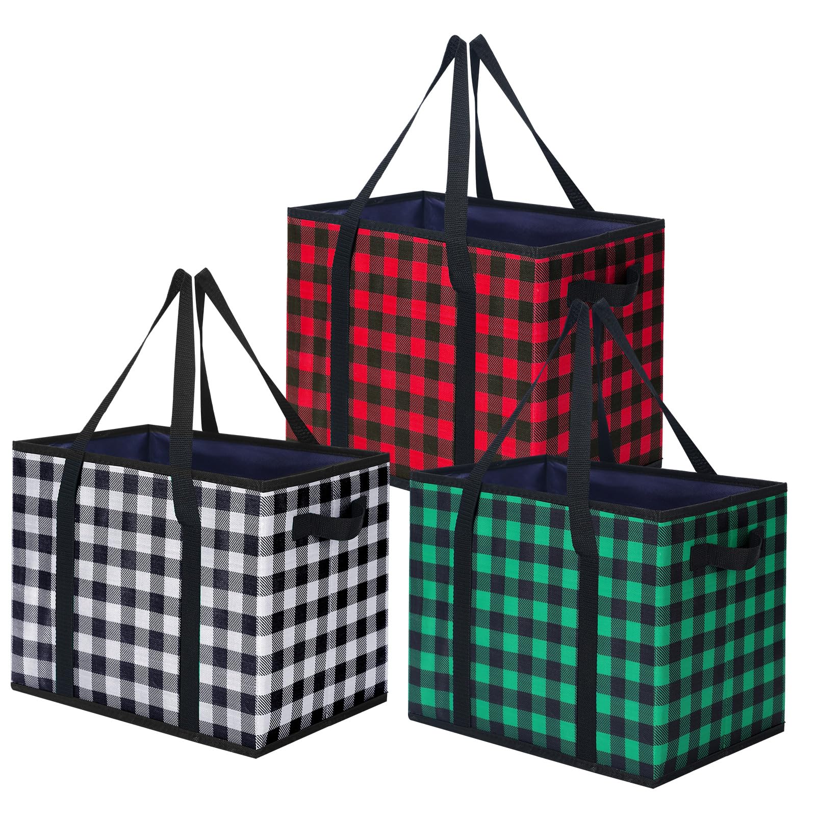 Windyun 3 Pcs Christmas Collapsible Reusable Shopping Box Grocery Bag Set with Reinforced Bottom Large Plaid Holiday Xmas Tote Bags Design Storage Boxes Bins Cubes, 3 Styles