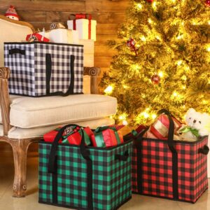 Windyun 3 Pcs Christmas Collapsible Reusable Shopping Box Grocery Bag Set with Reinforced Bottom Large Plaid Holiday Xmas Tote Bags Design Storage Boxes Bins Cubes, 3 Styles