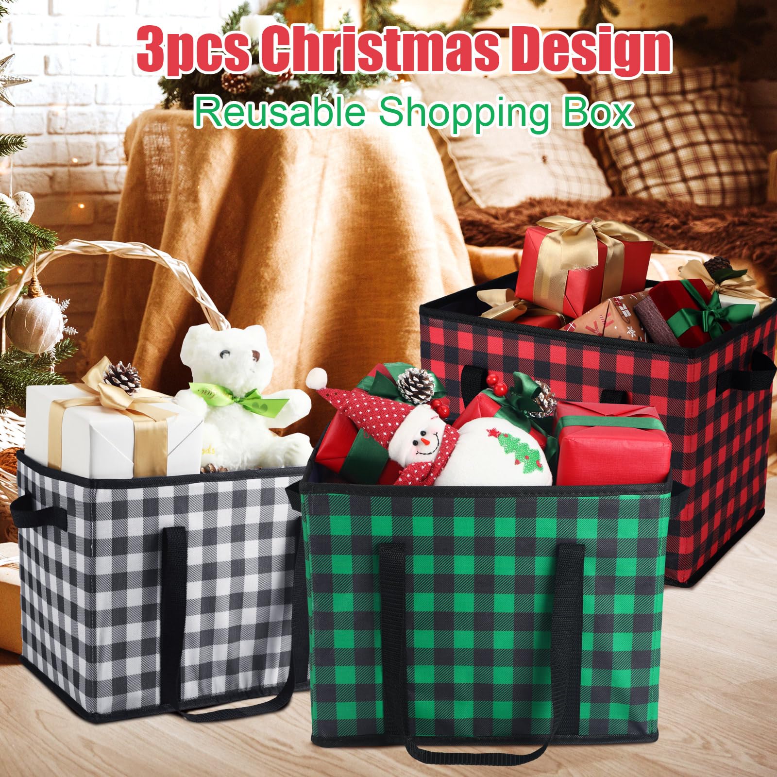 Windyun 3 Pcs Christmas Collapsible Reusable Shopping Box Grocery Bag Set with Reinforced Bottom Large Plaid Holiday Xmas Tote Bags Design Storage Boxes Bins Cubes, 3 Styles