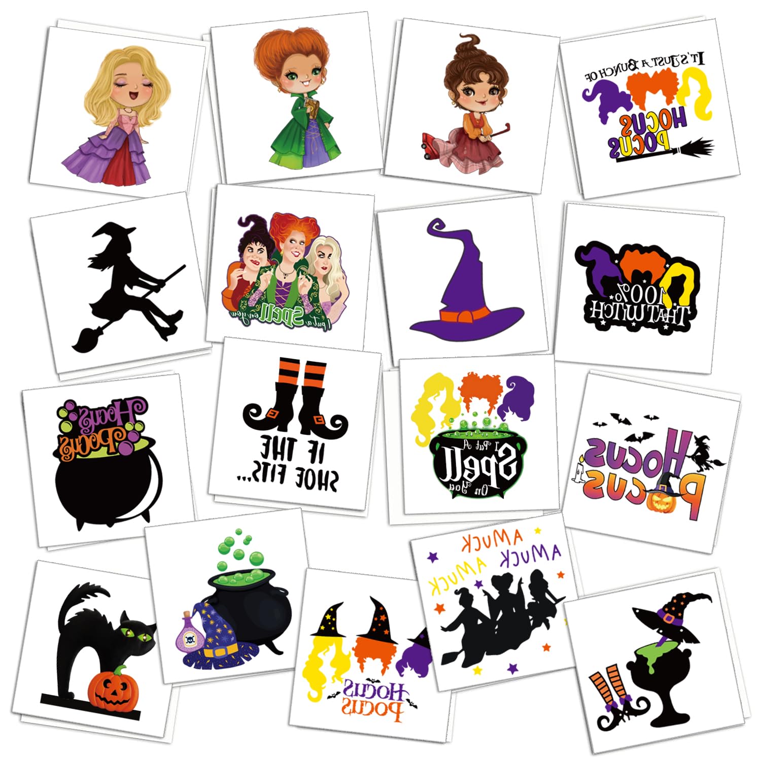 34Pcs Halloween Temporary Tattoos for Kids, Kids Hocus Pocus Witch Party Supplies, Cute Hocus Pocus Party Favors Fake Tattoos Stickers Party Decorations for Kids Boys Girls School Rewards Gifts