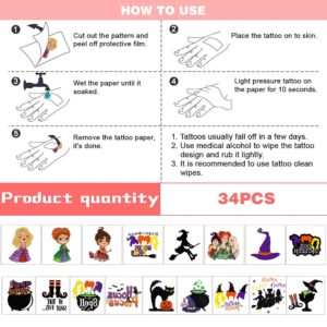 34Pcs Halloween Temporary Tattoos for Kids, Kids Hocus Pocus Witch Party Supplies, Cute Hocus Pocus Party Favors Fake Tattoos Stickers Party Decorations for Kids Boys Girls School Rewards Gifts