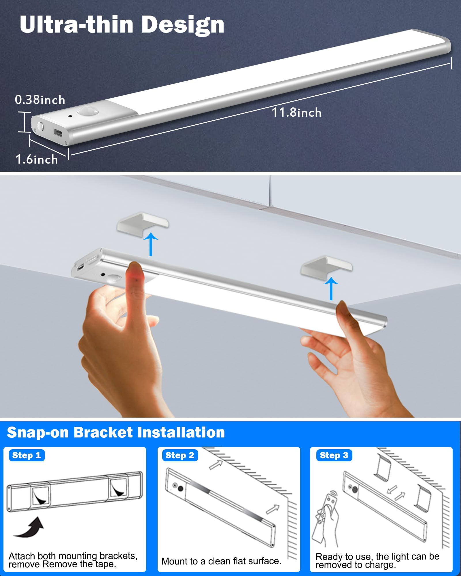 LAJOSO 64 LED Under Cabinet Lights Motion Sensor, 3 Color Kitchen Counter Lighting Wireless, Rechargeable Closet Lights Remote, Dimmable Night Light for Shelf Pantry Stair Hallway 3Pack