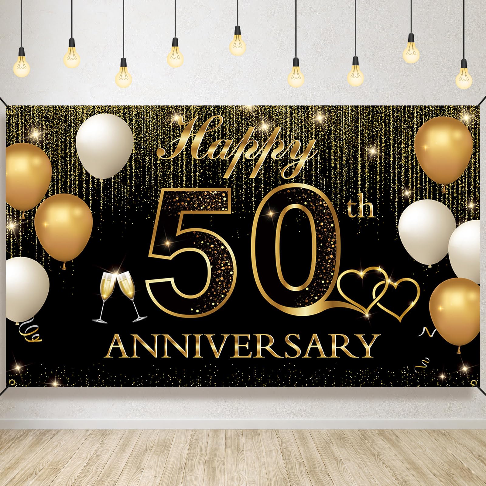 HTDZZI Golden 50th Wedding Anniversary Decorations, Happy 50th Anniversary Banner Backdrop, 50 Year Wedding Anniversary Party Decorations Yard Sign Photo Props Decor Supplies for Outdoor Indoor