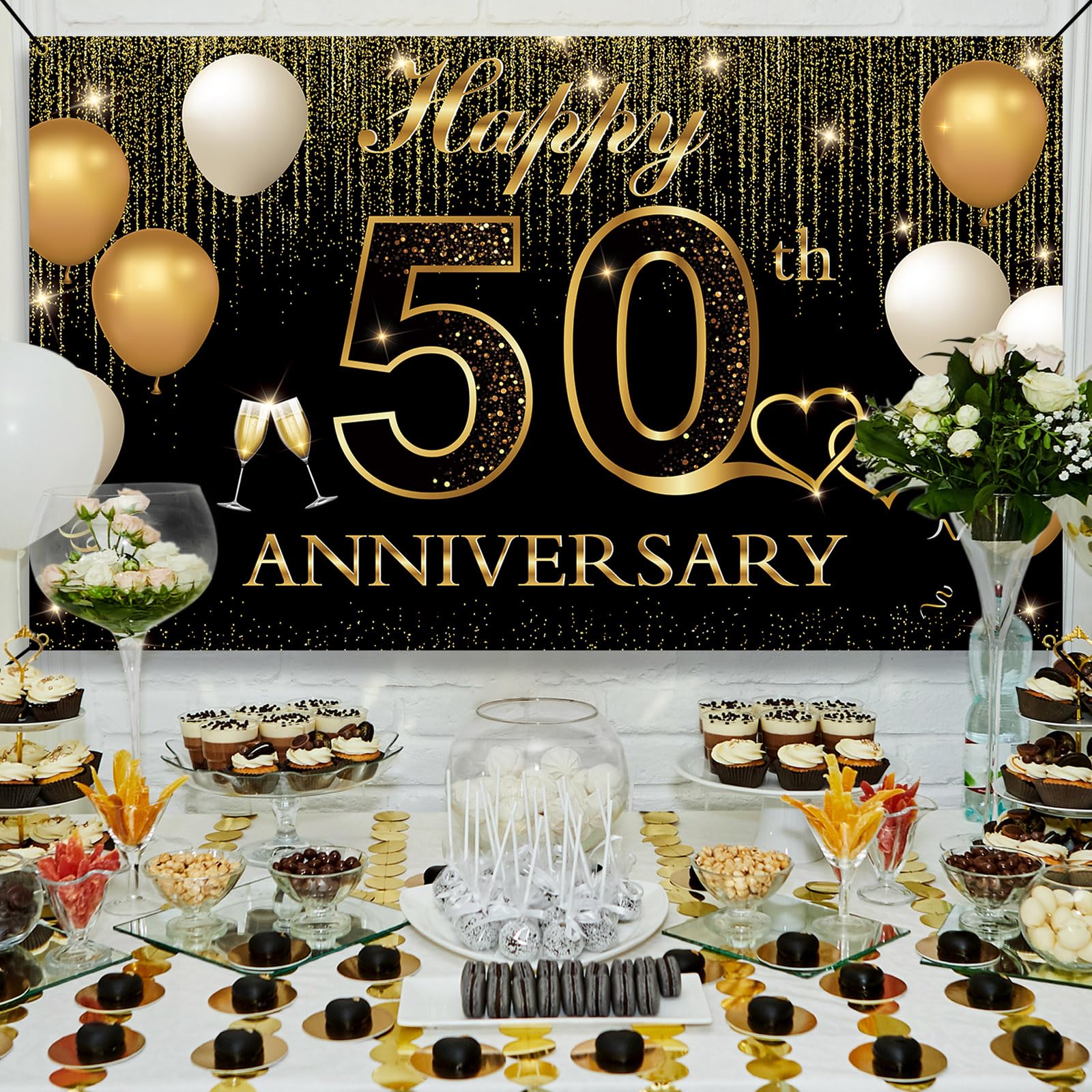 HTDZZI Golden 50th Wedding Anniversary Decorations, Happy 50th Anniversary Banner Backdrop, 50 Year Wedding Anniversary Party Decorations Yard Sign Photo Props Decor Supplies for Outdoor Indoor