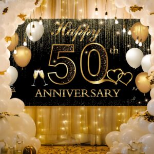 HTDZZI Golden 50th Wedding Anniversary Decorations, Happy 50th Anniversary Banner Backdrop, 50 Year Wedding Anniversary Party Decorations Yard Sign Photo Props Decor Supplies for Outdoor Indoor