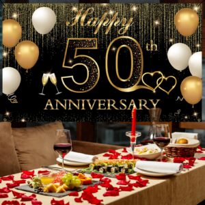 HTDZZI Golden 50th Wedding Anniversary Decorations, Happy 50th Anniversary Banner Backdrop, 50 Year Wedding Anniversary Party Decorations Yard Sign Photo Props Decor Supplies for Outdoor Indoor