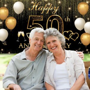 HTDZZI Golden 50th Wedding Anniversary Decorations, Happy 50th Anniversary Banner Backdrop, 50 Year Wedding Anniversary Party Decorations Yard Sign Photo Props Decor Supplies for Outdoor Indoor