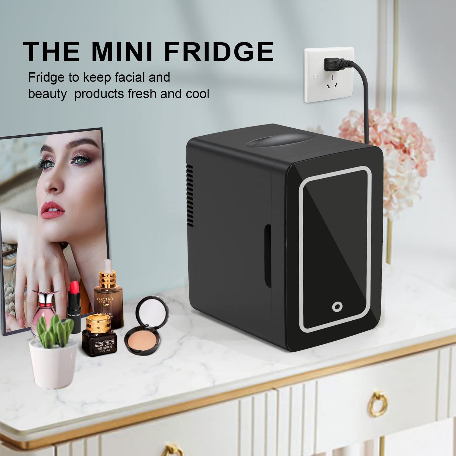 PERSONAL CHILLER 6.2L Skincare Fridge with LED Makeup Mirror, Mini Cooler Fridge, Portable Fridge for Makeup, Skincare, Snacks, Bedroom Vanity (Black)