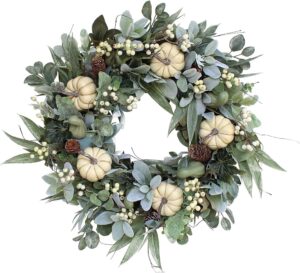 fall winter thanksgiving front door wreath, winter wreaths autumn flower harvest porch wall decor artificial orange wreaths garden garland farmhouse decorations pinecones greeen eucalyptus foliage