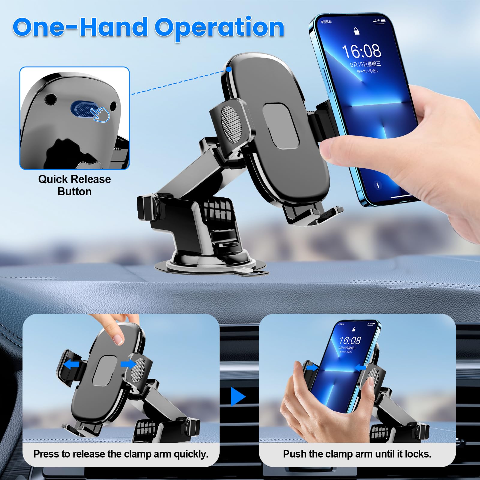 TAPMEI Car Phone Holder [Military-Grade Suction Cup] Universal Phone Mount for Car Dashboard Windshield Fit for Smartphones (Black)