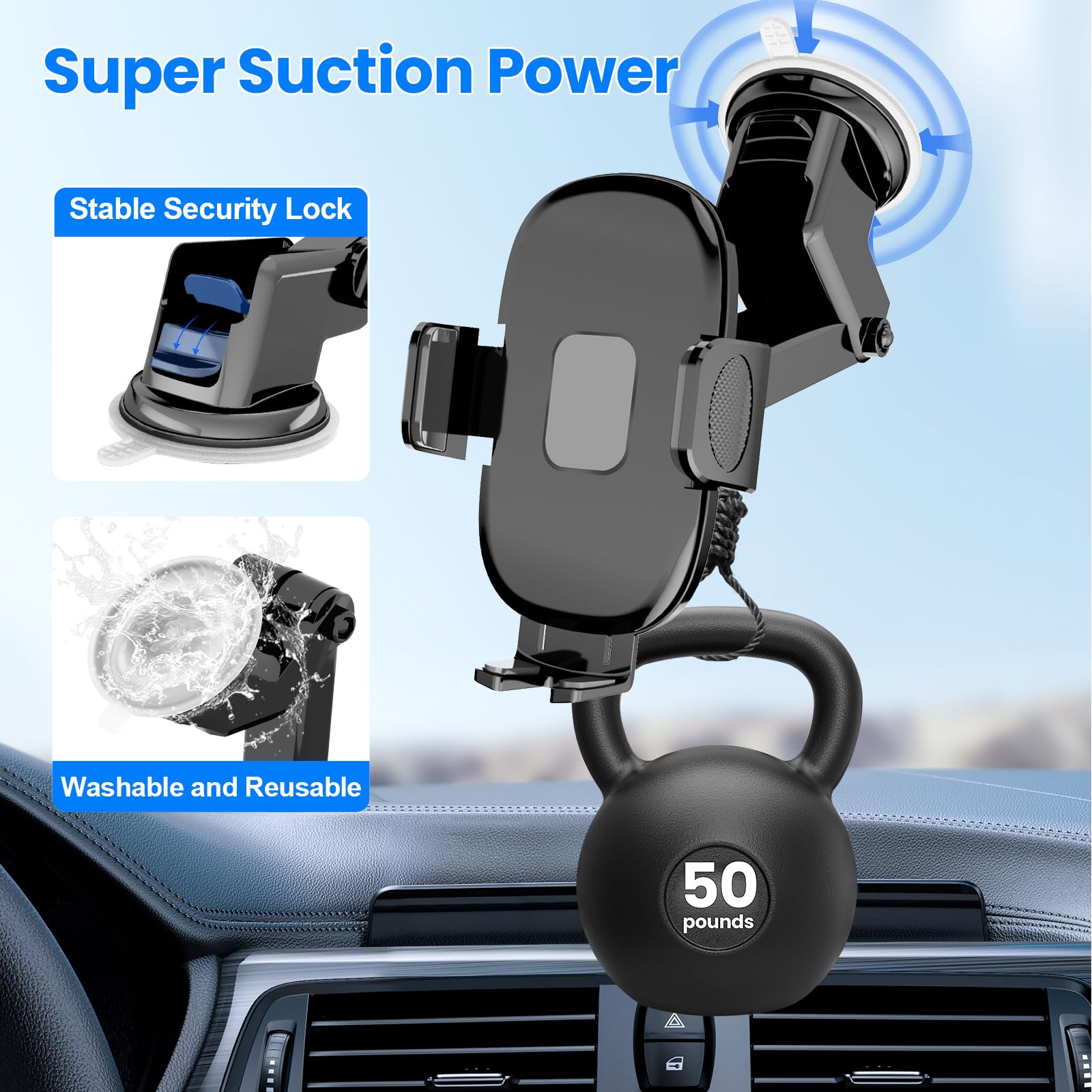 TAPMEI Car Phone Holder [Military-Grade Suction Cup] Universal Phone Mount for Car Dashboard Windshield Fit for Smartphones (Black)