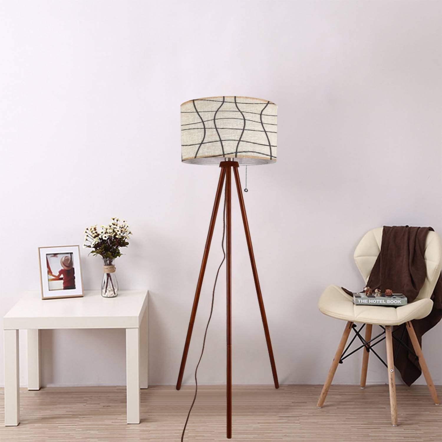 Wood Tripod Floor Lamp Abstract Seamless Black Curved Lines a White Image Modern Standing Lamp Linen Lampshade Dimmable Tall Lamp Mid Century Floor Lamp for Living Room Bedroom