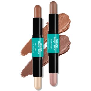 contour stick, 2pcs dual-ended highlighter makeup pen & contouring stick for face shaping, long lasting waterproof cream bronzer & highlight sticks make up kit for all skin tones(01# + 03#)