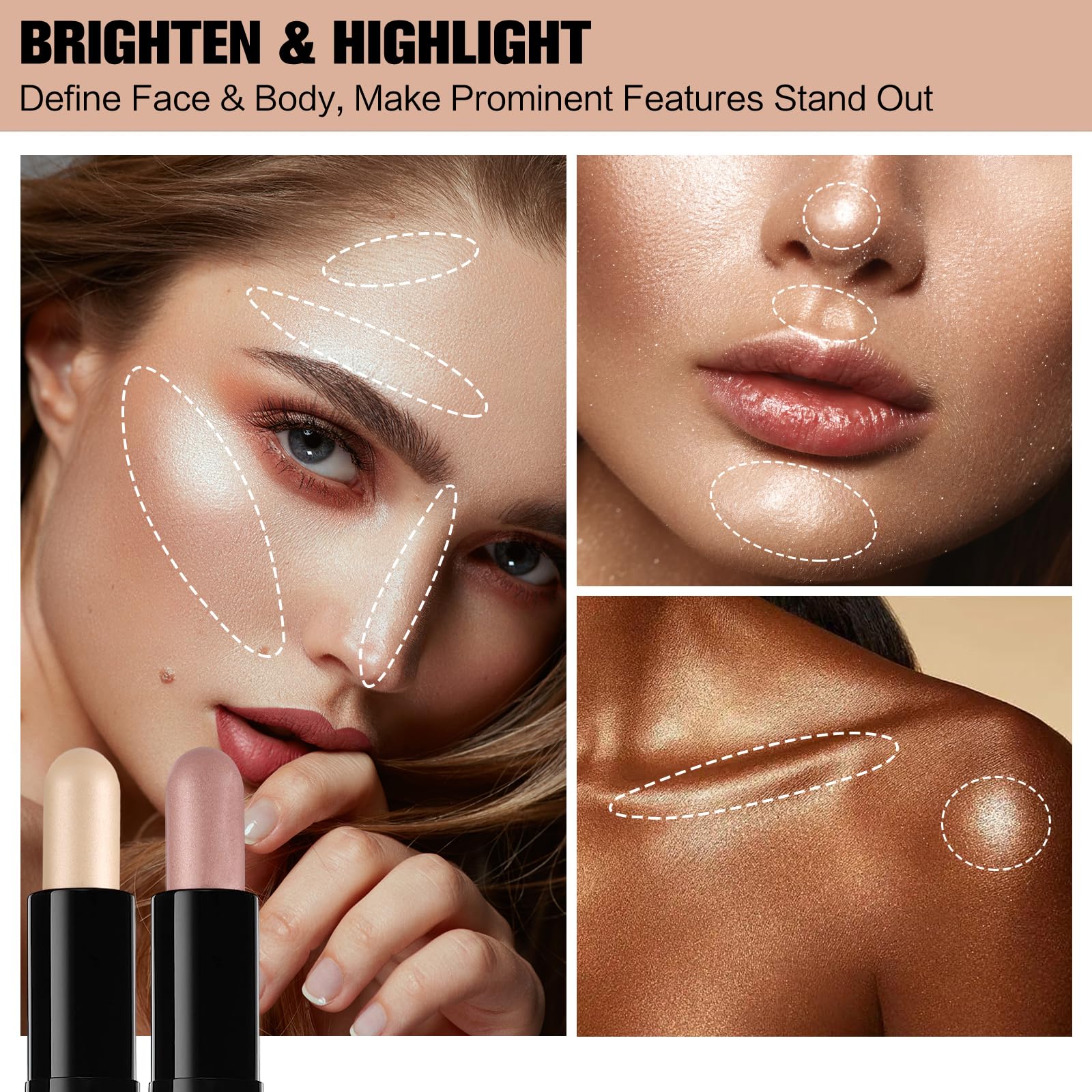 Contour Stick, 2Pcs Dual-Ended Highlighter Makeup Pen & Contouring Stick for Face Shaping, Long Lasting Waterproof Cream Bronzer & Highlight Sticks Make Up Kit for All Skin Tones(01# + 03#)