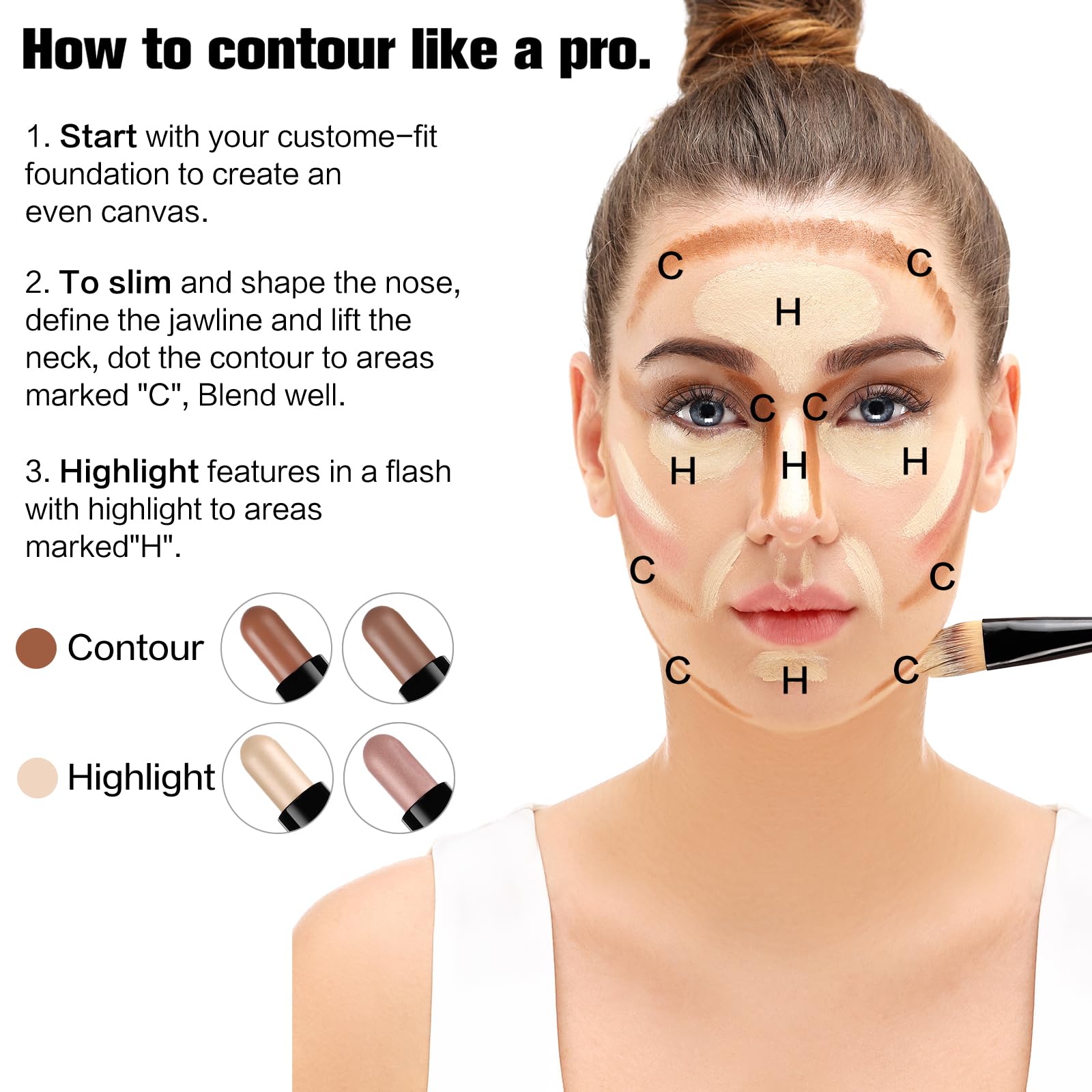 Contour Stick, 2Pcs Dual-Ended Highlighter Makeup Pen & Contouring Stick for Face Shaping, Long Lasting Waterproof Cream Bronzer & Highlight Sticks Make Up Kit for All Skin Tones(01# + 03#)