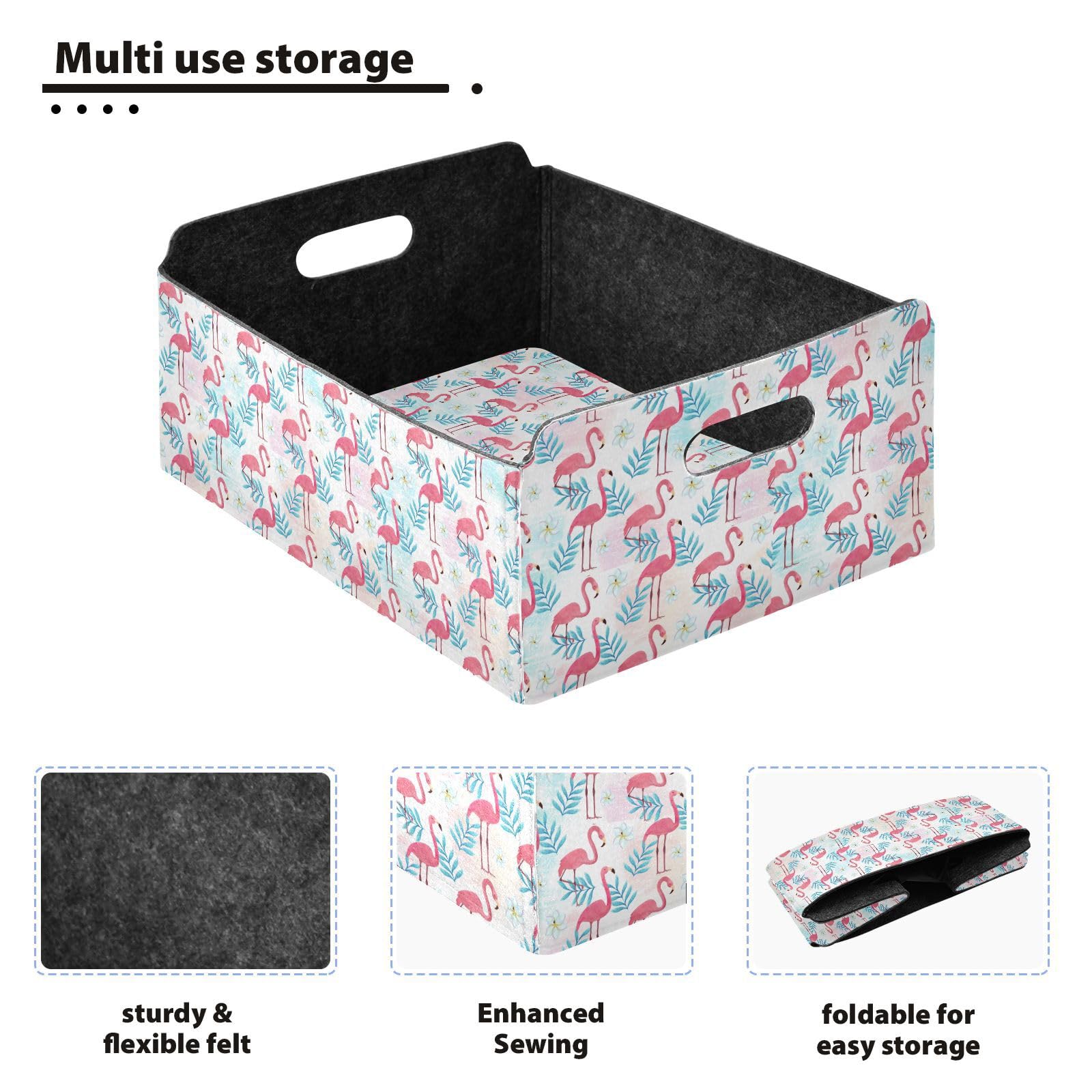 Burbuja Flamingo & Flowers Collapsible Storage Bin with Handles - Felt Storage Box for Organizing Toy, Books, Makeup, Cloths, Socks in Shelf Closet Bedroom