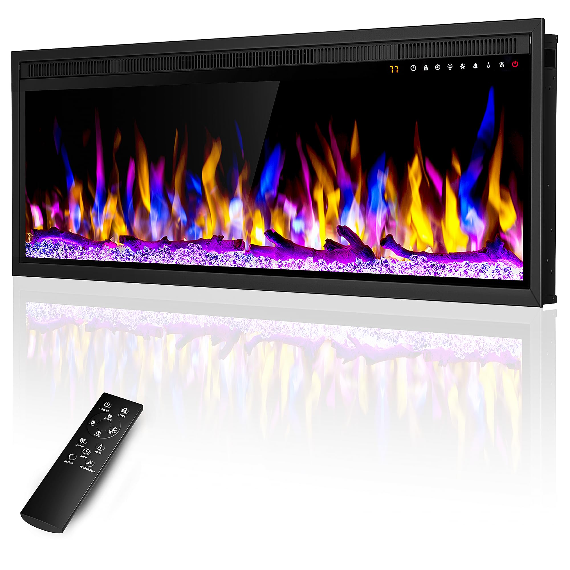 42 Inch Electric Fireplace Heater, Recessed in-Wall and Wall-Mounted Linear Heater Fireplace,13 Adjustable Flame Color and 5 Brightness,Touch Screen & Remote Control,1500/750W, Black