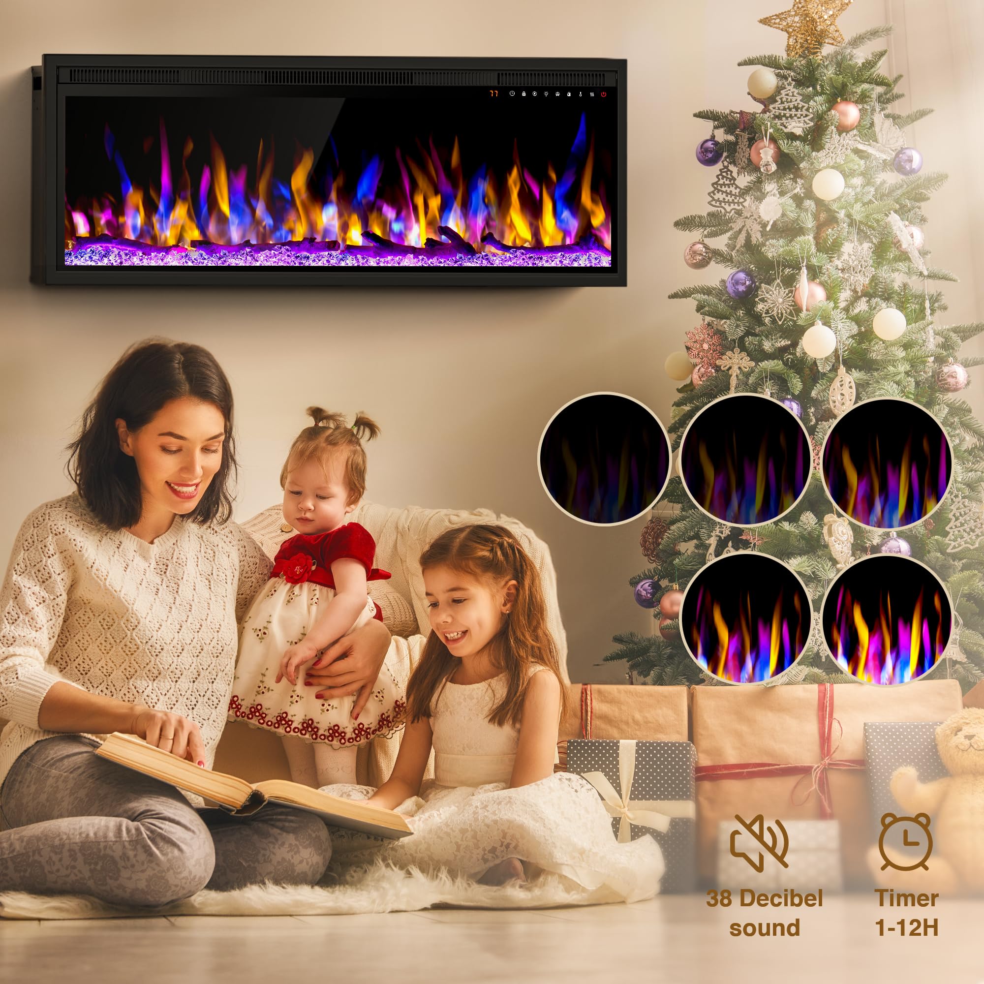 42 Inch Electric Fireplace Heater, Recessed in-Wall and Wall-Mounted Linear Heater Fireplace,13 Adjustable Flame Color and 5 Brightness,Touch Screen & Remote Control,1500/750W, Black