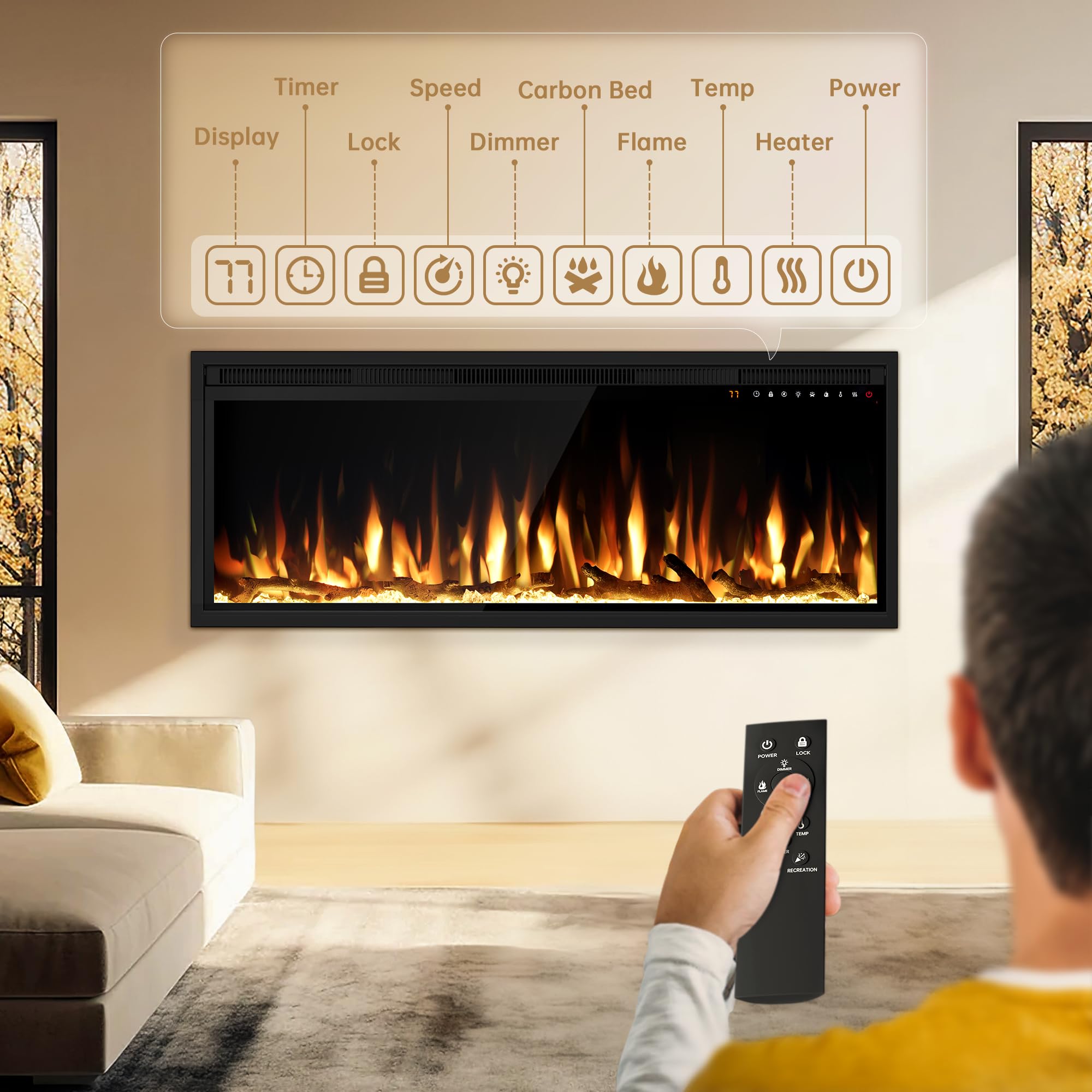 42 Inch Electric Fireplace Heater, Recessed in-Wall and Wall-Mounted Linear Heater Fireplace,13 Adjustable Flame Color and 5 Brightness,Touch Screen & Remote Control,1500/750W, Black