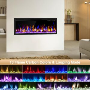 42 Inch Electric Fireplace Heater, Recessed in-Wall and Wall-Mounted Linear Heater Fireplace,13 Adjustable Flame Color and 5 Brightness,Touch Screen & Remote Control,1500/750W, Black