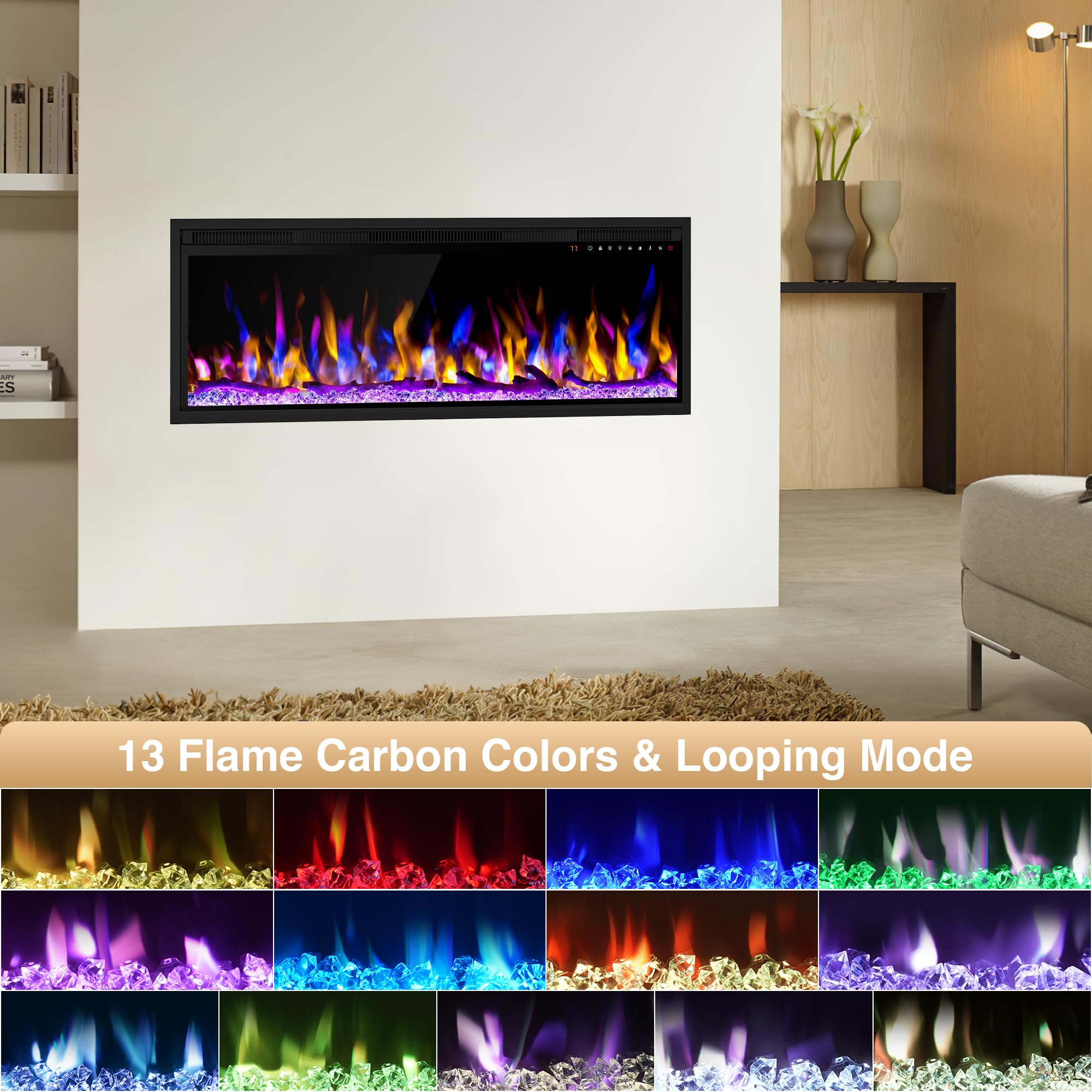 42 Inch Electric Fireplace Heater, Recessed in-Wall and Wall-Mounted Linear Heater Fireplace,13 Adjustable Flame Color and 5 Brightness,Touch Screen & Remote Control,1500/750W, Black