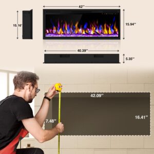 42 Inch Electric Fireplace Heater, Recessed in-Wall and Wall-Mounted Linear Heater Fireplace,13 Adjustable Flame Color and 5 Brightness,Touch Screen & Remote Control,1500/750W, Black