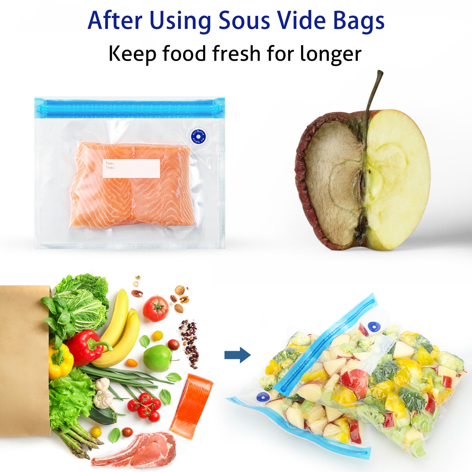 Sous Vide Bags 31Pcs, Reusable BPA Free Vacuum Sealer Bags (8.5 * 8.5in) Vacuum Food Storage Bags for Cooking/Food Storage/Microwave Heating - 24Pcs Vacuum Zipper Bags & 2 Seal Clips & 5 Air Valves