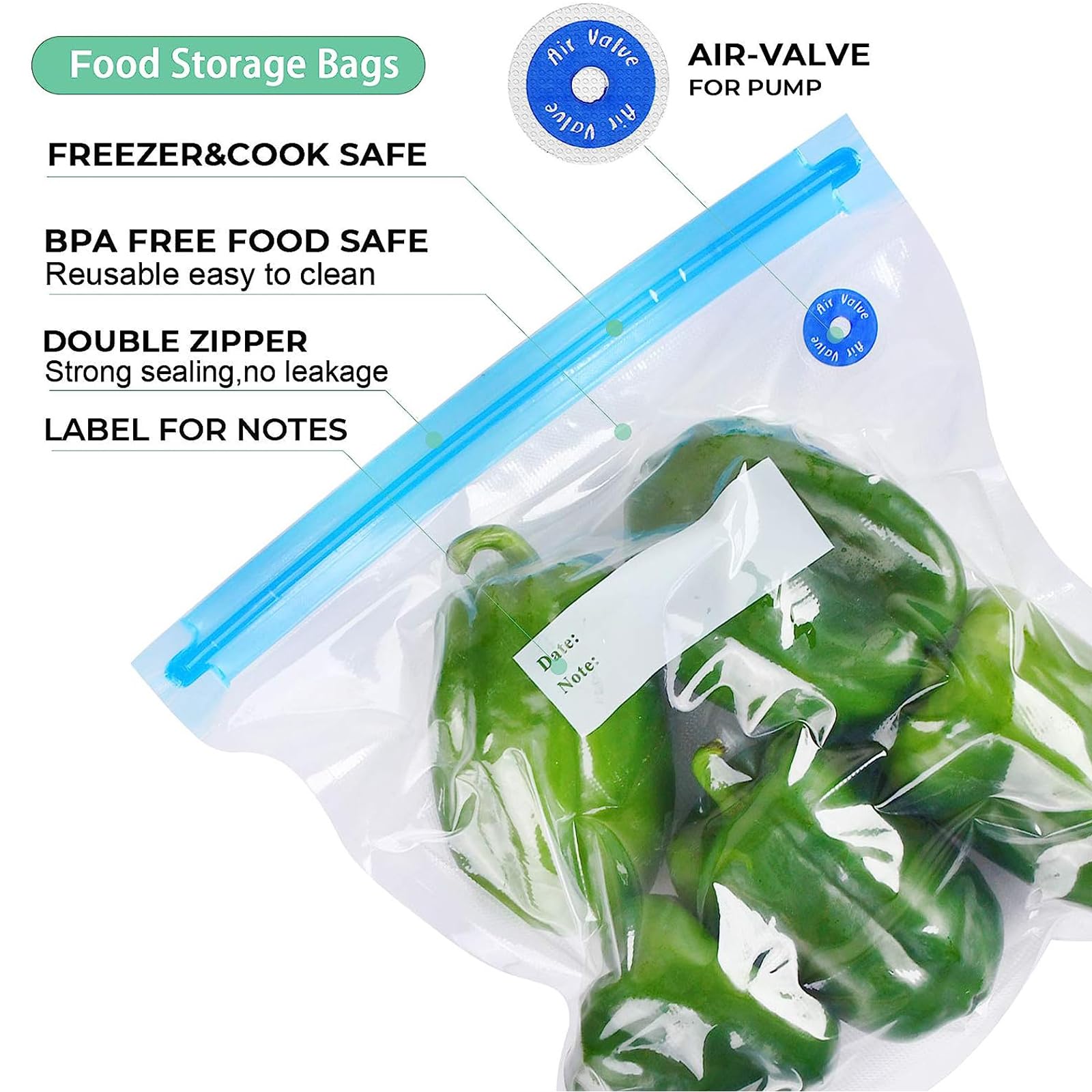 Sous Vide Bags 31Pcs, Reusable BPA Free Vacuum Sealer Bags (8.5 * 8.5in) Vacuum Food Storage Bags for Cooking/Food Storage/Microwave Heating - 24Pcs Vacuum Zipper Bags & 2 Seal Clips & 5 Air Valves