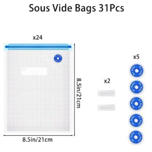 Sous Vide Bags 31Pcs, Reusable BPA Free Vacuum Sealer Bags (8.5 * 8.5in) Vacuum Food Storage Bags for Cooking/Food Storage/Microwave Heating - 24Pcs Vacuum Zipper Bags & 2 Seal Clips & 5 Air Valves