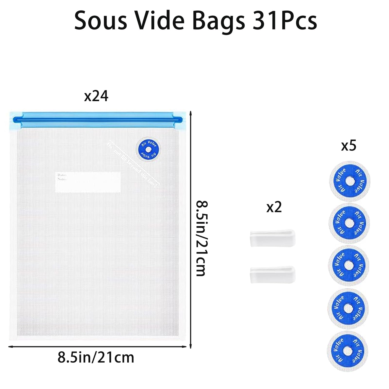 Sous Vide Bags 31Pcs, Reusable BPA Free Vacuum Sealer Bags (8.5 * 8.5in) Vacuum Food Storage Bags for Cooking/Food Storage/Microwave Heating - 24Pcs Vacuum Zipper Bags & 2 Seal Clips & 5 Air Valves