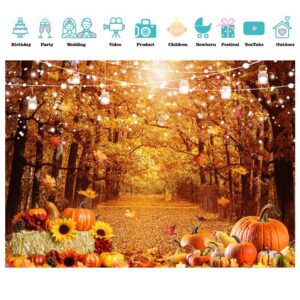 SJOLOON Fall Photo Backdrop Golden Fallen Leaves Autumn Backdrop Pumpkin Thanksgiving Background for Party Decoration Photoshoot 12591 (7x5FT)