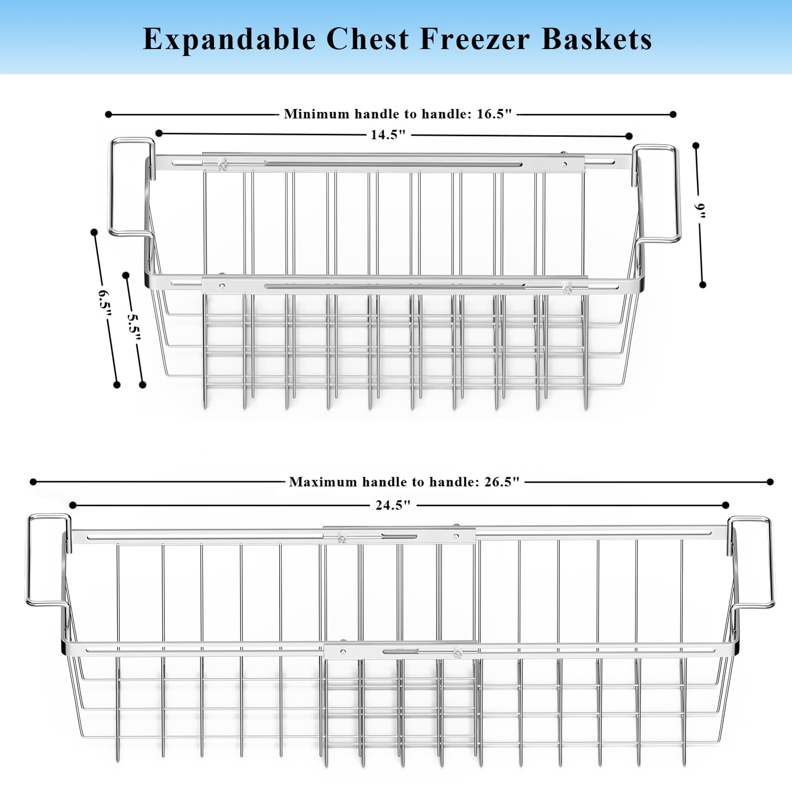 Orgneas Freezer Baskets for Chest Freezer, Expandable Deep Freezer Organizer Bins Wire Basket Storage Adjustable From 16.5" to 26.5", Stainless Steel Over the Sink Dish Drying Rack for Kitchen