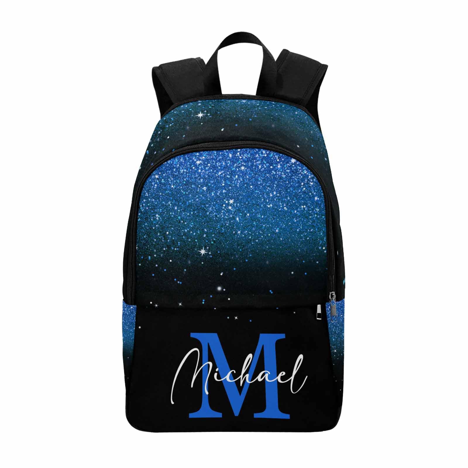 MyPupSocks Custom Backpack with Name for Son, Custom Blue Glitter with Stars Monogram School Bag Personalized Casual Daypacks Multipurpose Laptop Backpack Bookbag for Boys Girls Back School Gifts