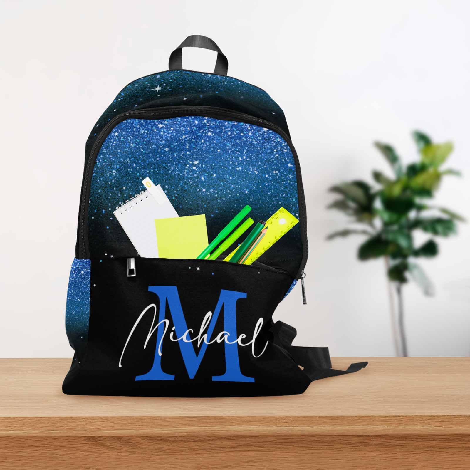 MyPupSocks Custom Backpack with Name for Son, Custom Blue Glitter with Stars Monogram School Bag Personalized Casual Daypacks Multipurpose Laptop Backpack Bookbag for Boys Girls Back School Gifts