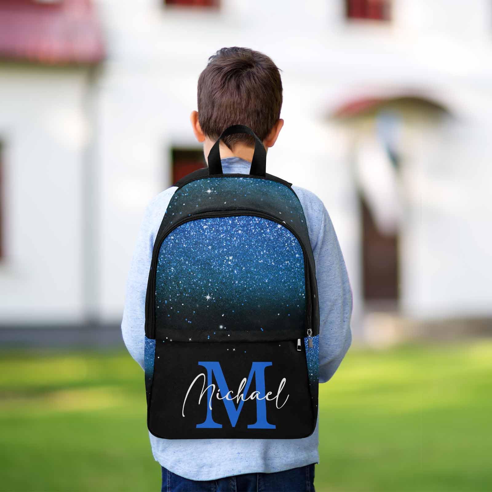 MyPupSocks Custom Backpack with Name for Son, Custom Blue Glitter with Stars Monogram School Bag Personalized Casual Daypacks Multipurpose Laptop Backpack Bookbag for Boys Girls Back School Gifts