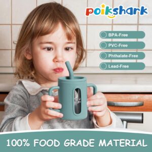 POIKSHARK Kids & Toddler Cups with Handle, Training Glass Tumbler 8 oz with Silicone Sleeves and Silicone Straws, BPA Free, Water Bottle, Smoothie Cups, Spill Proof Sippy Cups for Kid - Blue, Green