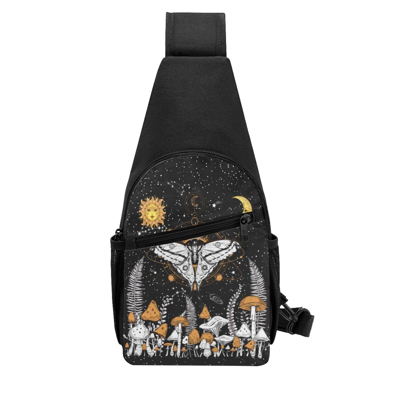 FREEHOTU Mushrooms Moth Moon Star Sling Backpack Travel Daypack Chest Bag Crossbody Shoulder Bag