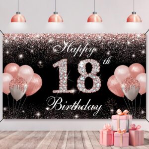 htdzzi 18th birthday decorations for girls, happy 18th birthday backdrop banner rose gold, 18 year old birthday party yard sign photo booth props background decor supplies for women, fabric