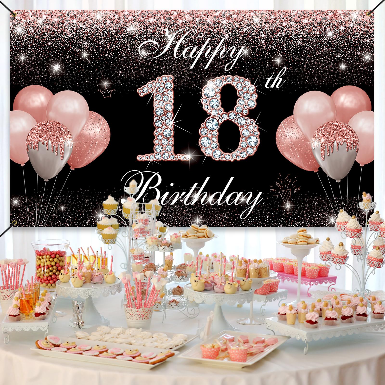 HTDZZI 18th Birthday Decorations for Girls, Happy 18th Birthday Backdrop Banner Rose Gold, 18 Year Old Birthday Party Yard Sign Photo Booth Props Background Decor Supplies for Women, Fabric